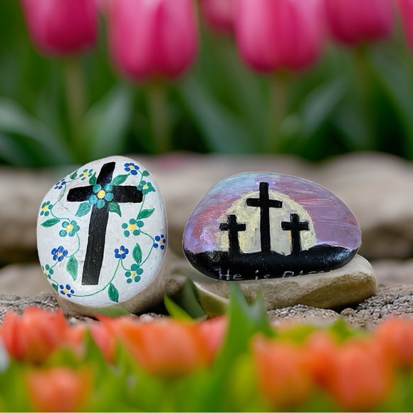 Hand Crafted | Accents | Hand Painted Rock He Is Risen And Cross Stone Black Purple Yellow Set ...